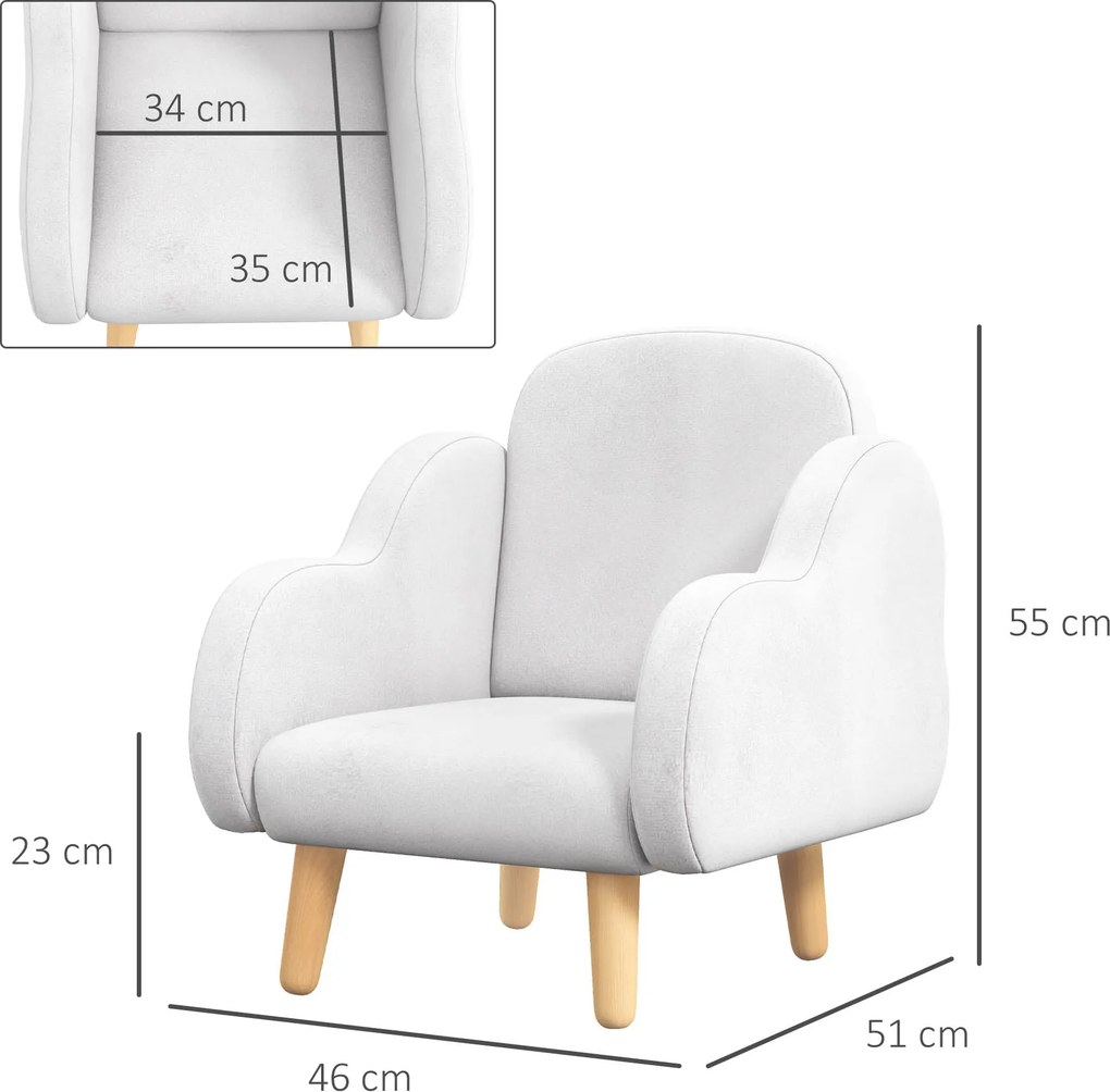 Dětské křeslo ZONEKIZ Infant s designem mraků, super jemné na dotek a 4 nohama pro děti 18-36 měsíců, nosnost 40 kg, 46x51x55 cm Bílá