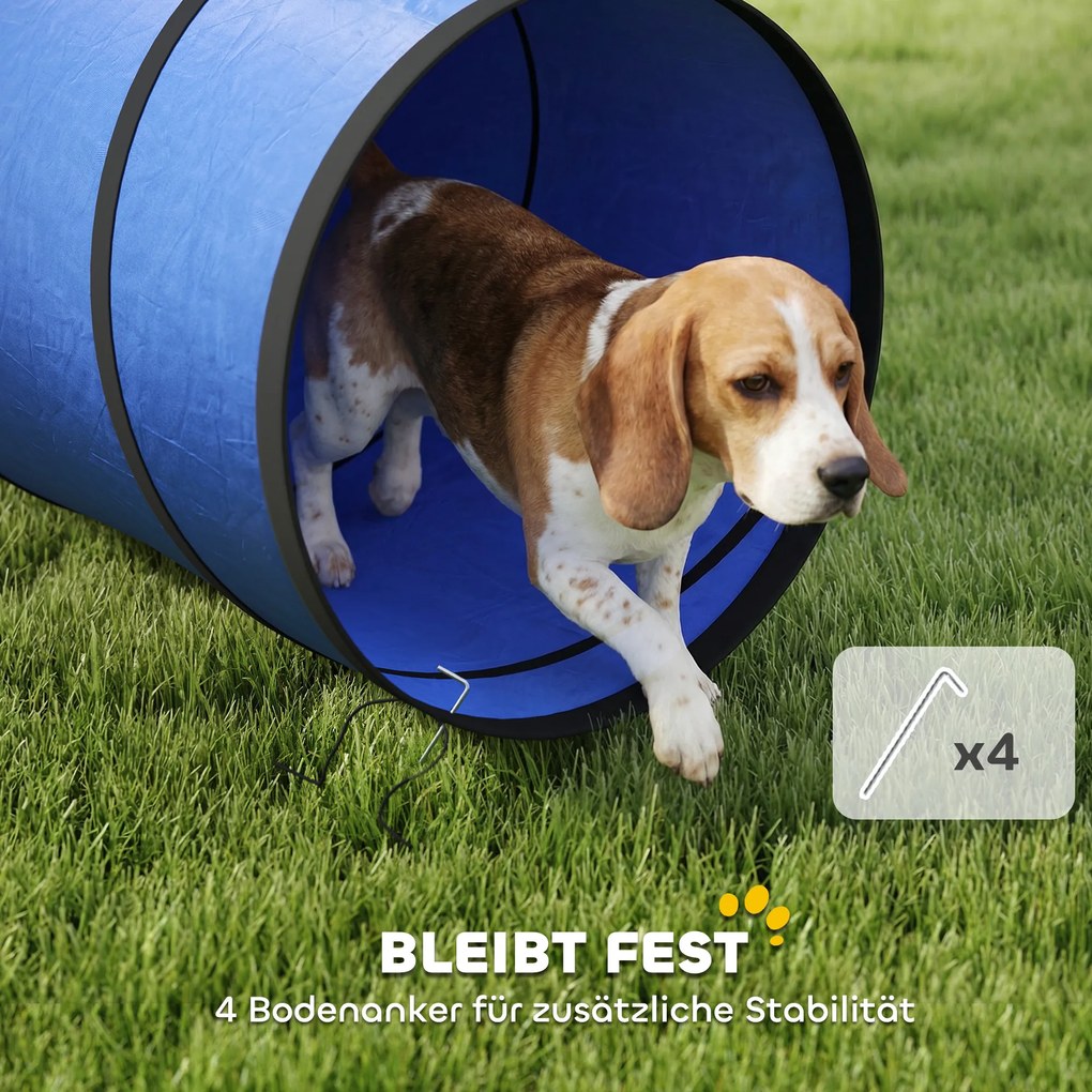 Psí agility tunel 300 x 50 cm Psí tunel se 4 kotvami do země Přenosná taška Hrací tunel pro malé středně velké psy Modrá barva