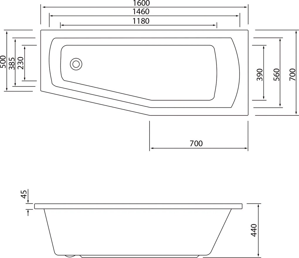 Aqualine Opava A1671 asymetrická vana 160 x 70 cm akrylátová pravá