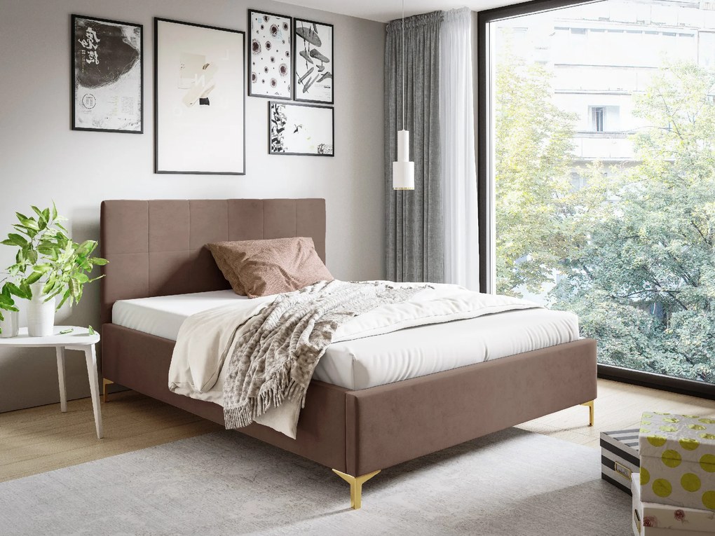 Eka Čalouněná postel SMART+ 140x200 cm Barva látky Trinity: Tmavě zelená (Trinity 2328), Úložný prostor: Bez úložného prostoru, Barva nožek postele: Zlatá
