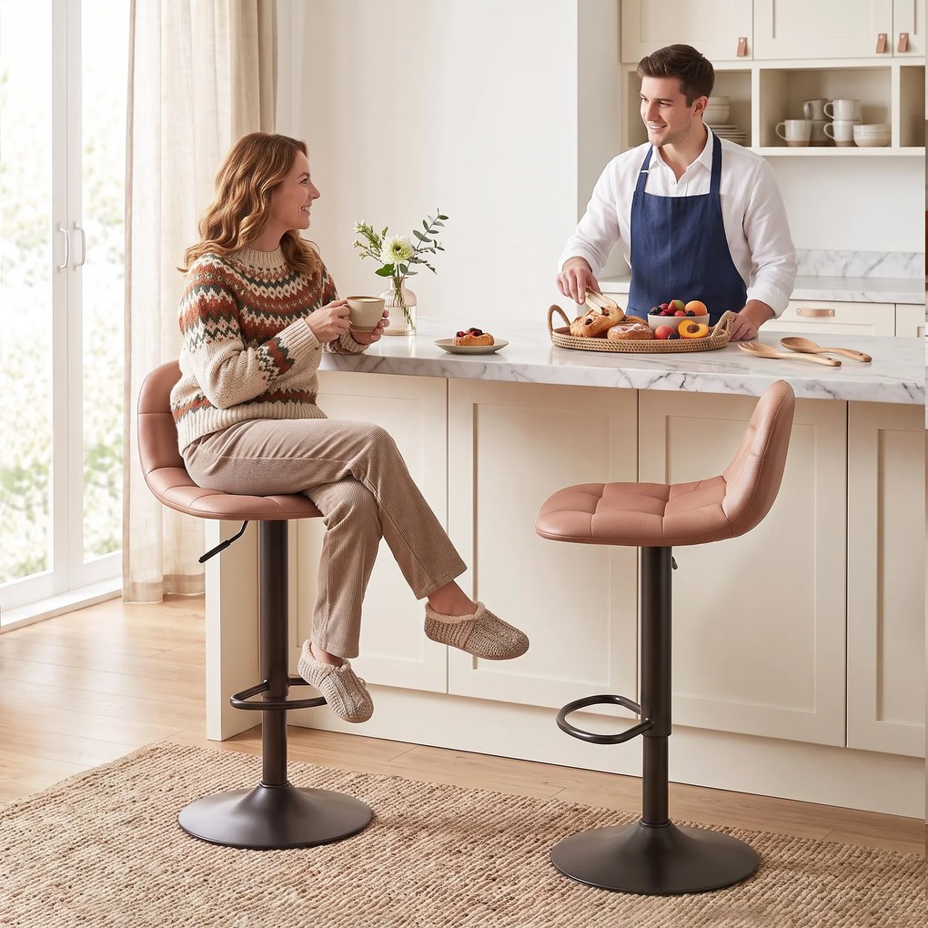 HOMCOM 2dílná sada barových židlí z PU kůže, retro-průmyslový styl, výškově nastavitelná, otočná o 360°, 40x41,5x76-98cm, tmavě hnědá