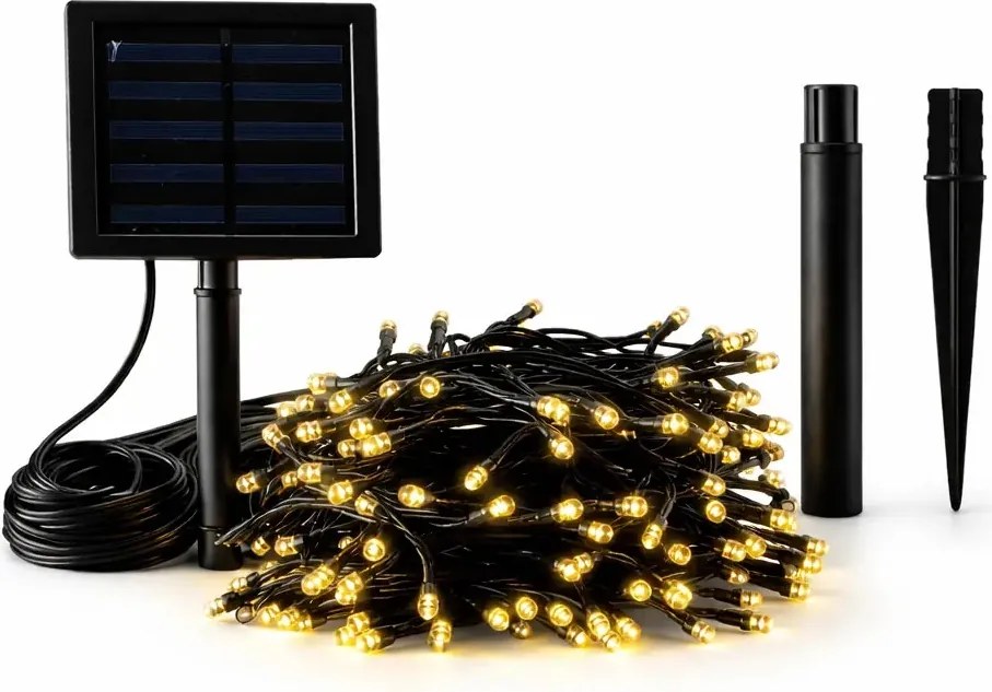 LED venkovní solární světýlka na zahradu, 20 m, teple bílá, 200 diod, černý kabel, IP44, solární panel