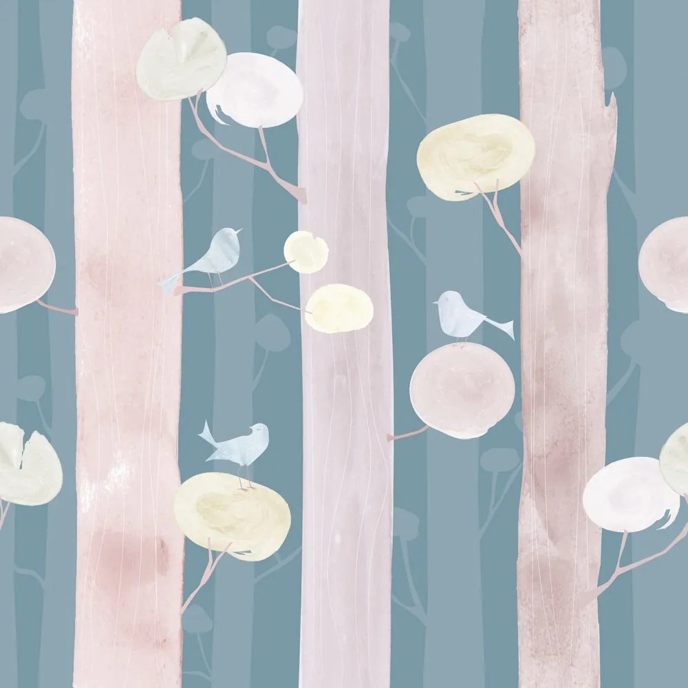 Samolepící tapeta ptáčci na stromech s modrým pozadím