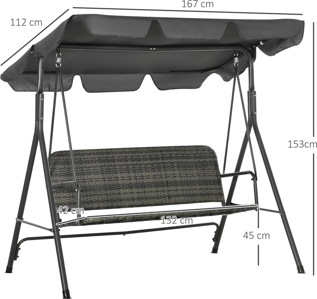 Outsunny zahradní houpačka pro tři osoby s nastavitelnou stříškou, sedadlo z PE ratanu a opěrkami na balkón, terasu, patio, nosnost 240 kg, 167x112x1…