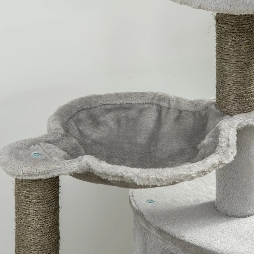 Škrabadlo PawHut s pelíškem a jeskyní pro kočky, sisalový sloupek a rampa, pro malé kočky, světle šedá, 60 cm x 40 cm x 113 cm