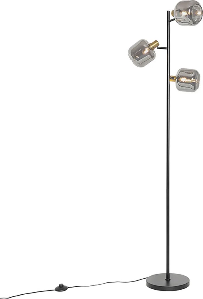 Stojací lampa černá se zlatem a kouřovým sklem 3-světlo - Zuzanna