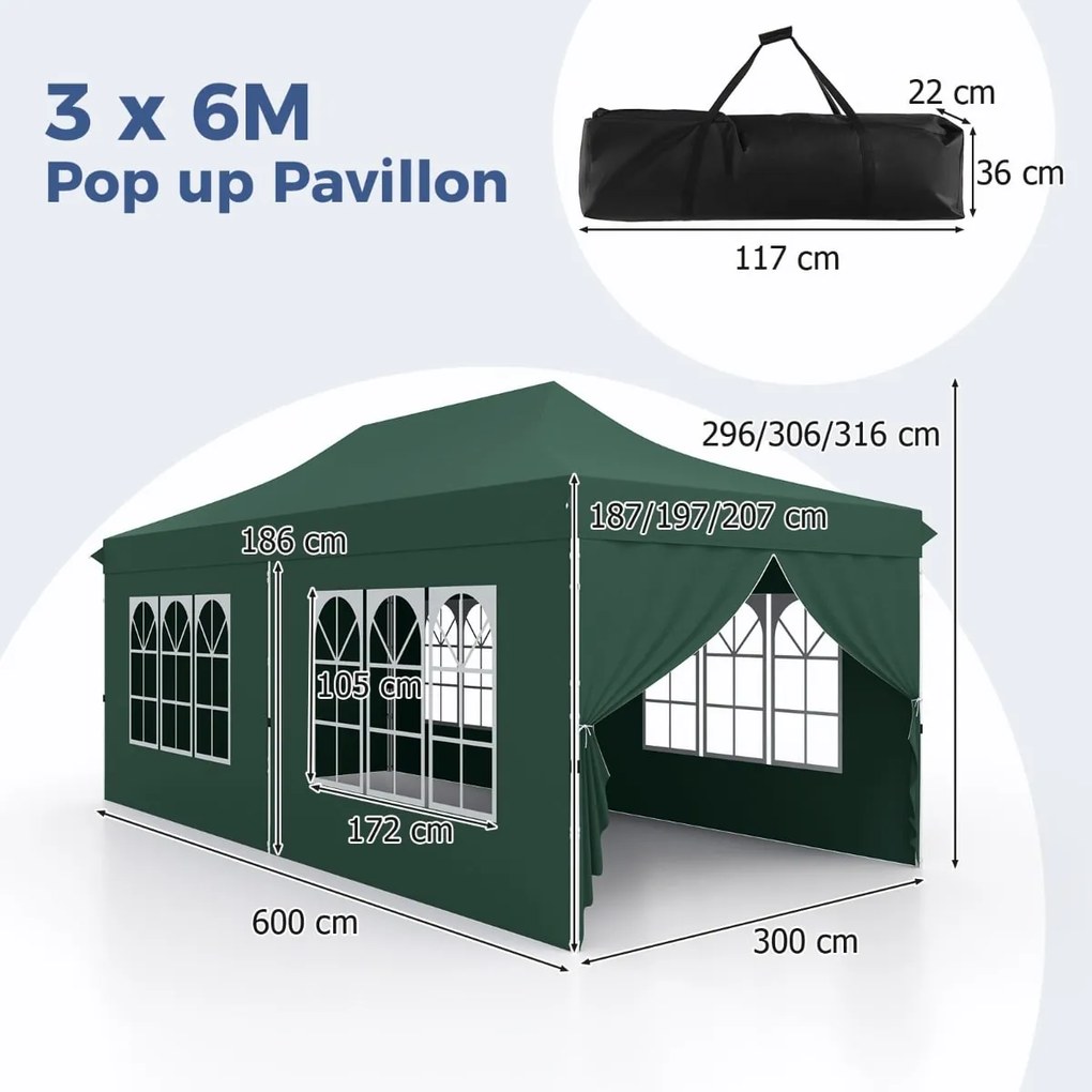 Costway Pavilon skládací altán s 6 odnímatelnými bočními stěnami, výškově