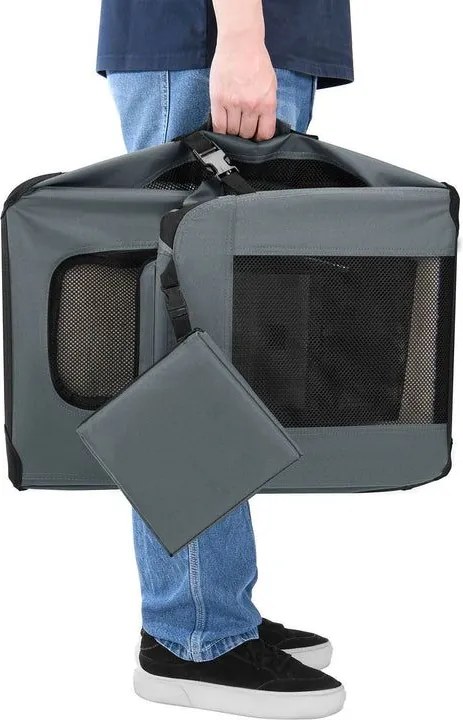 Skládací přepravní box pro psy, šedý, s pelíškem, velikost M