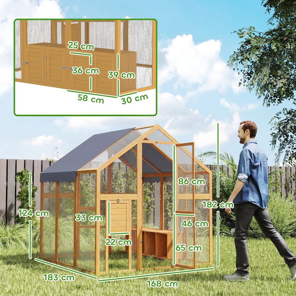 PawHut Kurník 3.07㎡ Volný výběh dřevo s nepromokavou tkaninou, bezpečnostní zámek, pro 6-8 kuřat 1,7 x 1,8 x 1,8 m