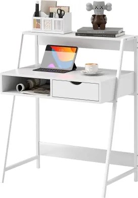 HOMCOM sekretářský počítačový stůl kancelářský v retro stylu zásuvka přihrádka kov bílá