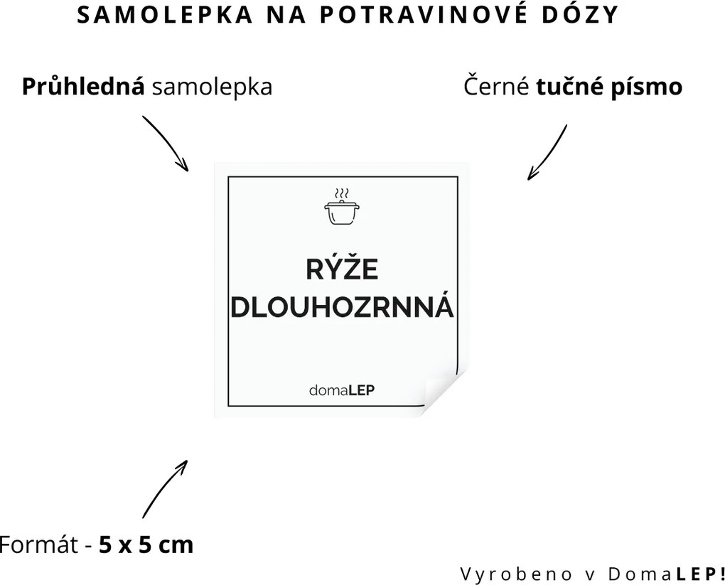 RÝŽE DLOUHOZRNNÁ - omyvatelná samolepka na dózu, výběr rozměrů Ø 5 cm / 5 x 5 cm / 6 x 8 cm | DomaLEP tvar: KOLEČKO, barva: PRŮHLEDNÁ - ČERNÉ písmo, velikost: Ø 5 cm - základní písmo