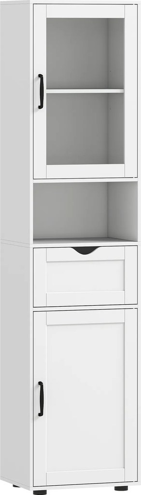 HOMCOM úzká vysoká koupelnová skříňka se skleněnými dvířky, otevřenou policí, zásuvkou a nastavitelnými policemi — 40 x 30 x 165 cm, bílá