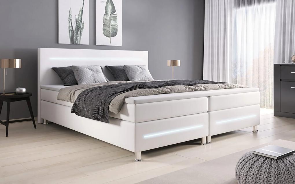 Boxspring postel SEJOUR bez úložného prostoru s LED, eko kůže Velikost postele: 180 × 200 cm, Barva EKO kůže: Bílá EKO kůže, Výběr matrace: Taštičková…