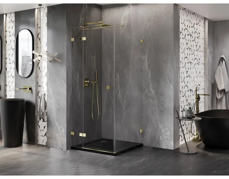 Mexen Lunar T, sklápěcí sprchový kout levý 110 x 110 cm, 8mm čiré sklo, zlatý profil, 834T-110-110-50-00-L
