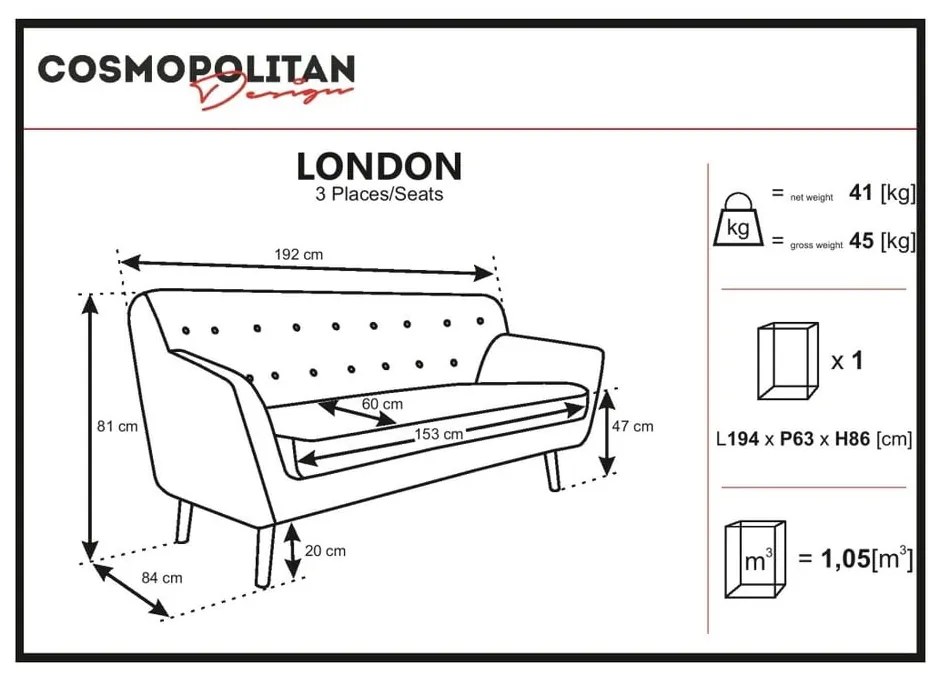 Šedobéžová pohovka Cosmopolitan design London, 192 cm