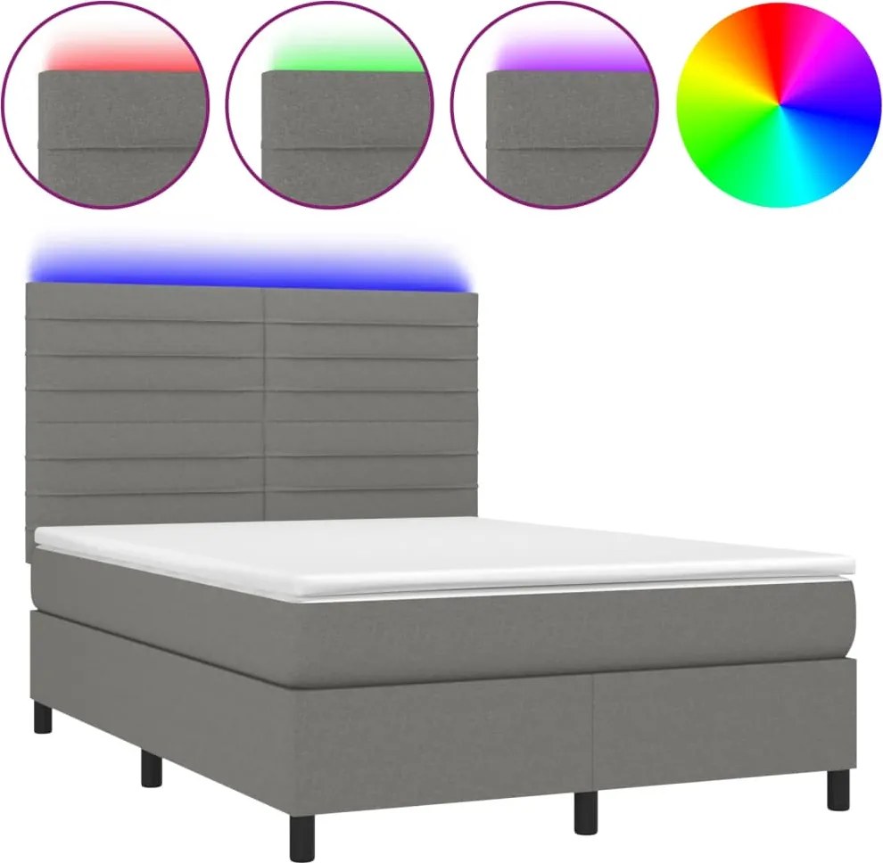 Box spring postel s matrací a LED tmavě šedá 140x200 cm textil 3134958