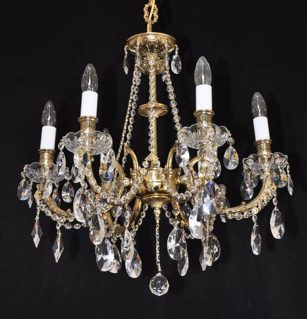 6 Arms Crystal cast brass chandelier - Gold brass &amp; Hand blown bobeches