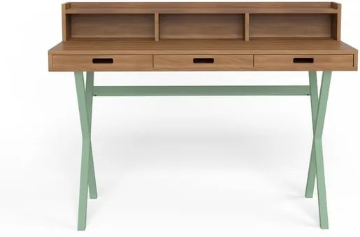 Pracovní stůl v dekoru ořechového dřeva se zelenými kovovými nohami HARTÔ Hyppolite, 120 x 55 cm