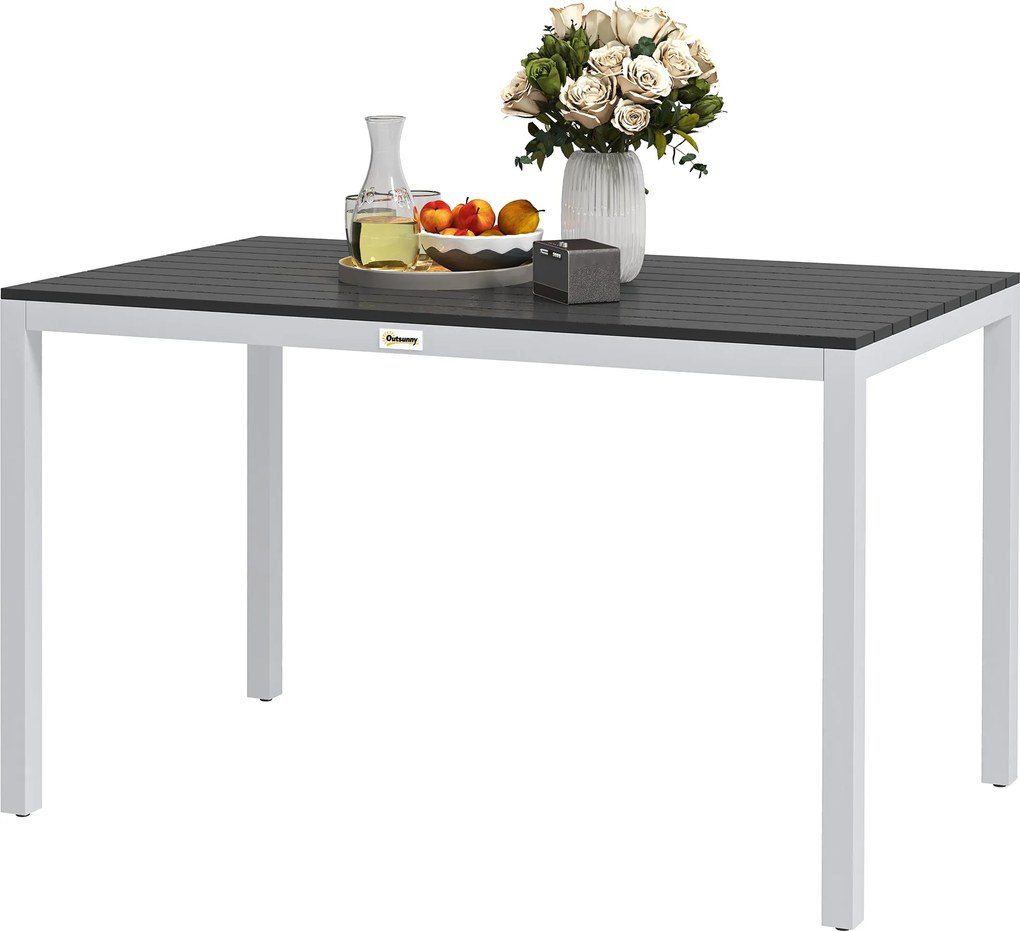 Zahradní stůl Outsunny z hliníku 120x70 cm, odolný vůči povětrnostním vlivům, se vzhledem dřeva, protiskluzový bufetový stůl pro 4-6 osob do zahrady a