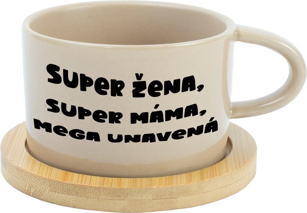 SUPER ŽENA, SUPER MÁMA, MEGA UNAVENÁ. - krémový hrníček makronka 200 ml