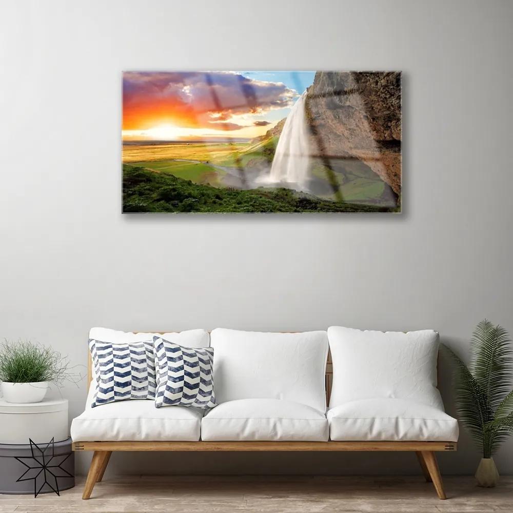 Obraz na skle Hora Vodopád Příroda 140x70 cm