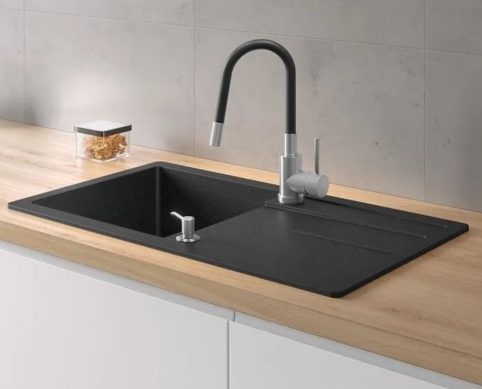 Černý kuchyňský granitový dřez QUADRON READY- MAX + BATERIE A DÁVKOVAČ NA SAPONÁT