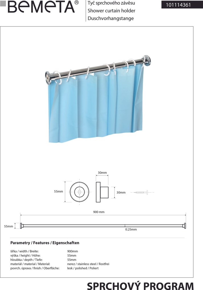 Bemeta Design Tyč sprchového závěsu, 900 mm, nerez, lesk - 101114361