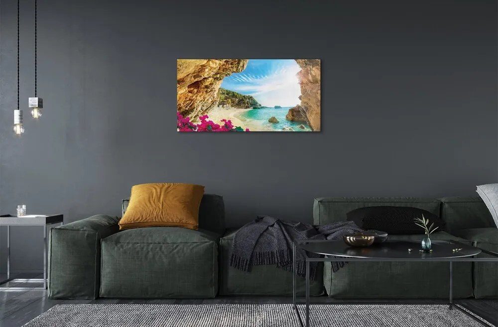 Obraz na skle Řecko pobřeží útesy květiny 120x60 cm