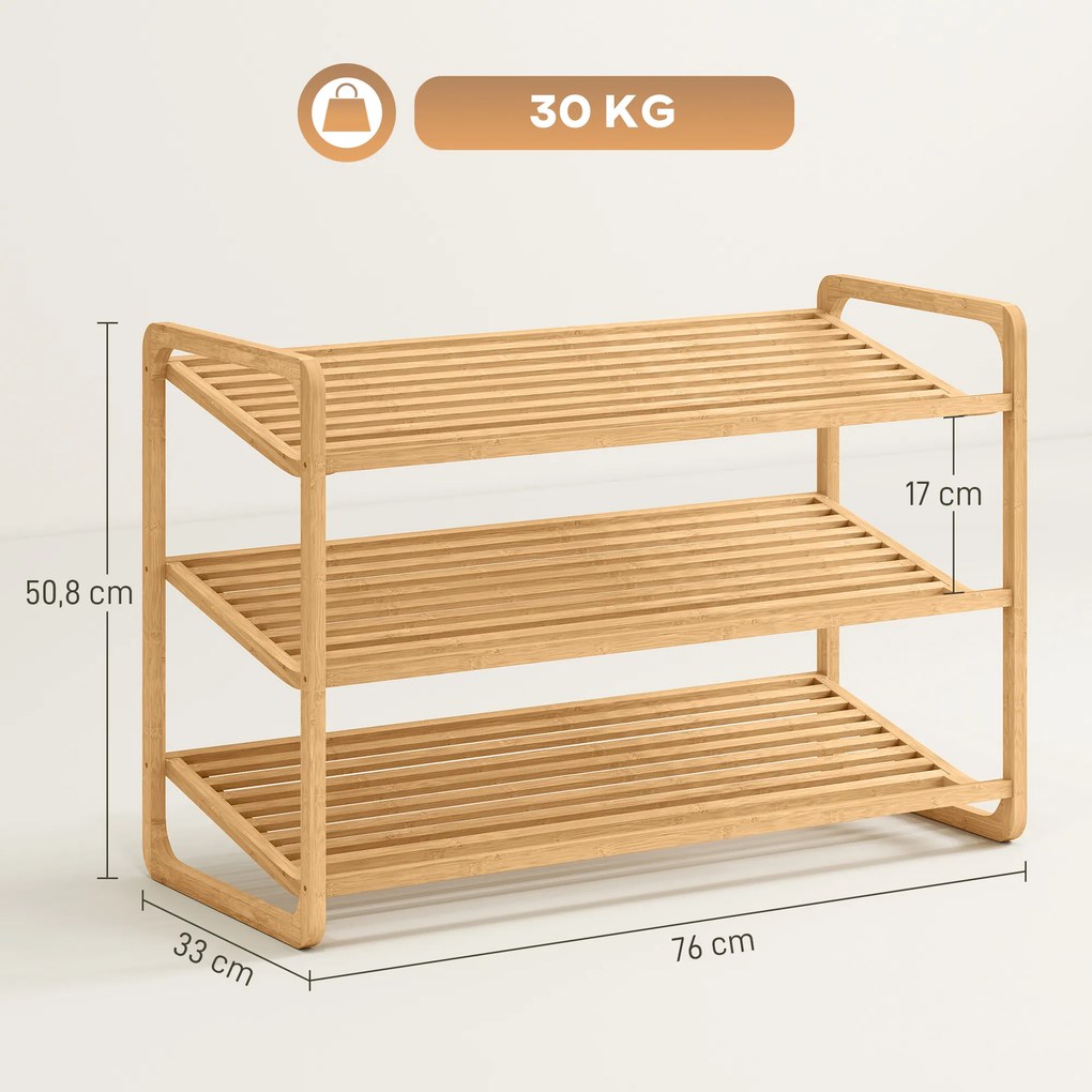 HOMCOM 3-patrový botník z bambusu pro 12 párů bot - Organizér do vstupní haly 76x33x50,8 cm Přírodní