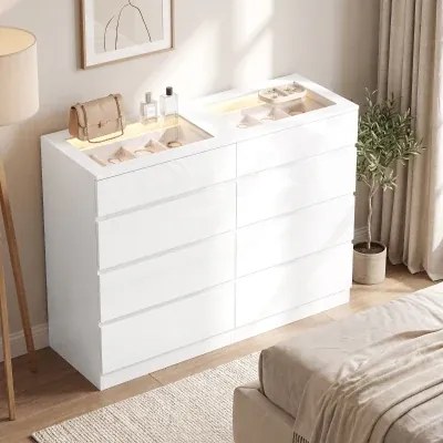 HOMCOM komoda se 8 zásuvkami a 2 přihrádkami na šperky, horní deska z tvrzeného skla, LED osvětlení a ovládání přes Bluetooth, bílá