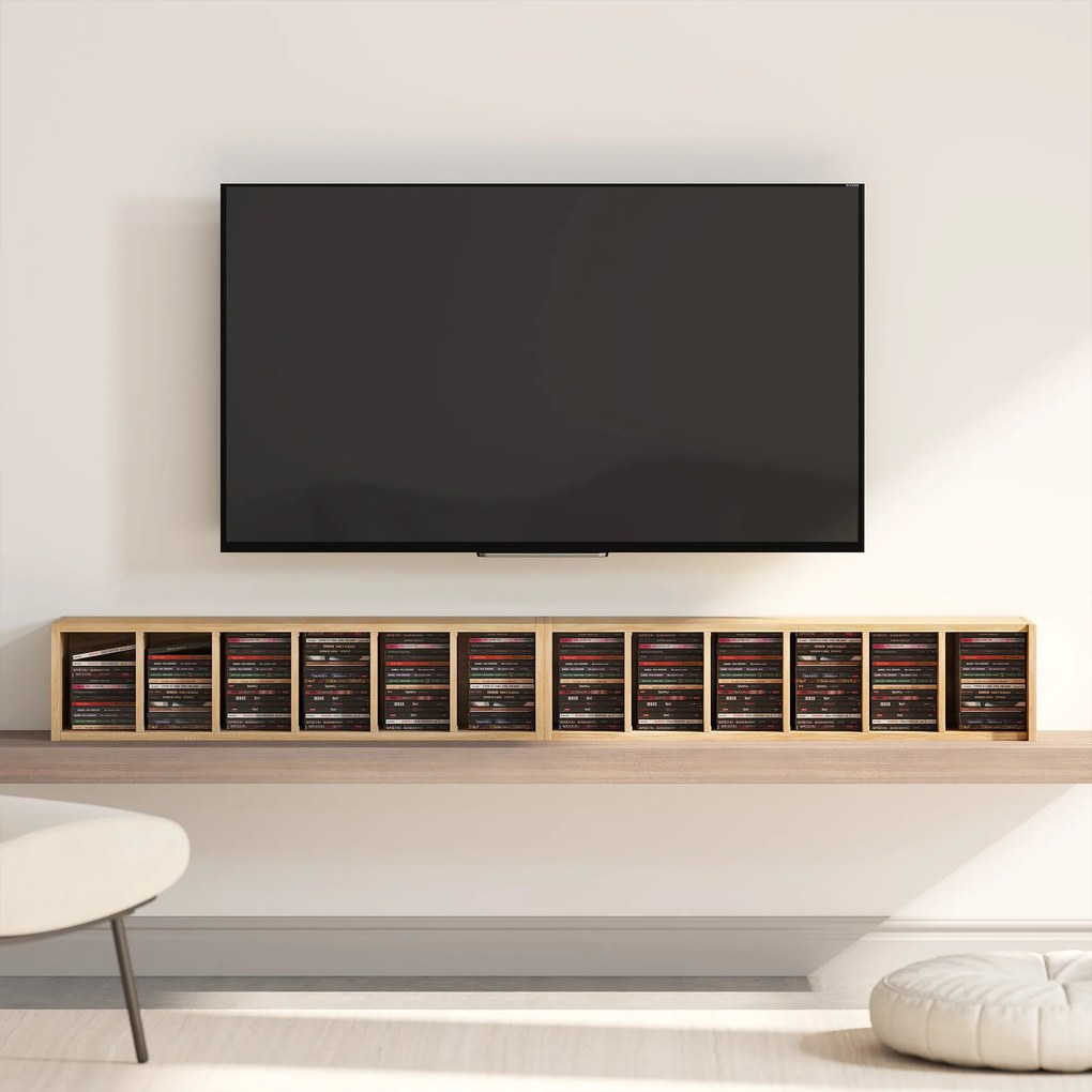 HOMCOM sada 2 sloupových regálů pro ukládání CD/DVD, 12 přihrádek, 21 x 22,5 x 88,5 cm, kapacita 204 CD, přírodní dřevěný vzhled