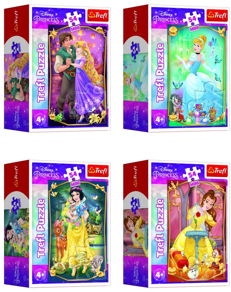 Trefl Minipuzzle Krásné princezny/Disney Princess 54dílků 4 druhy v krabičce 6x9x4cm 40ks v boxu