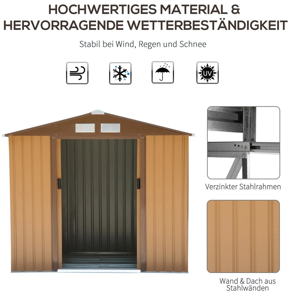 Outsunny kůlna zahradní kůlna s podlahovým rámem a posuvnými dveřmi odolná proti povětrnostním vlivům ocel žlutá 213 x 130 x 185 cm
