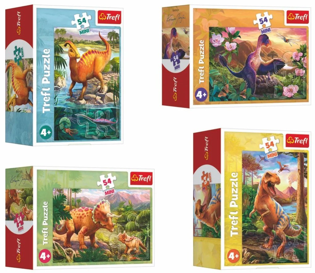 Trefl Minipuzzle 54 dílků Dinosauři 4 druhy v krabičce 9x6,5x4cm 40ks v boxu
