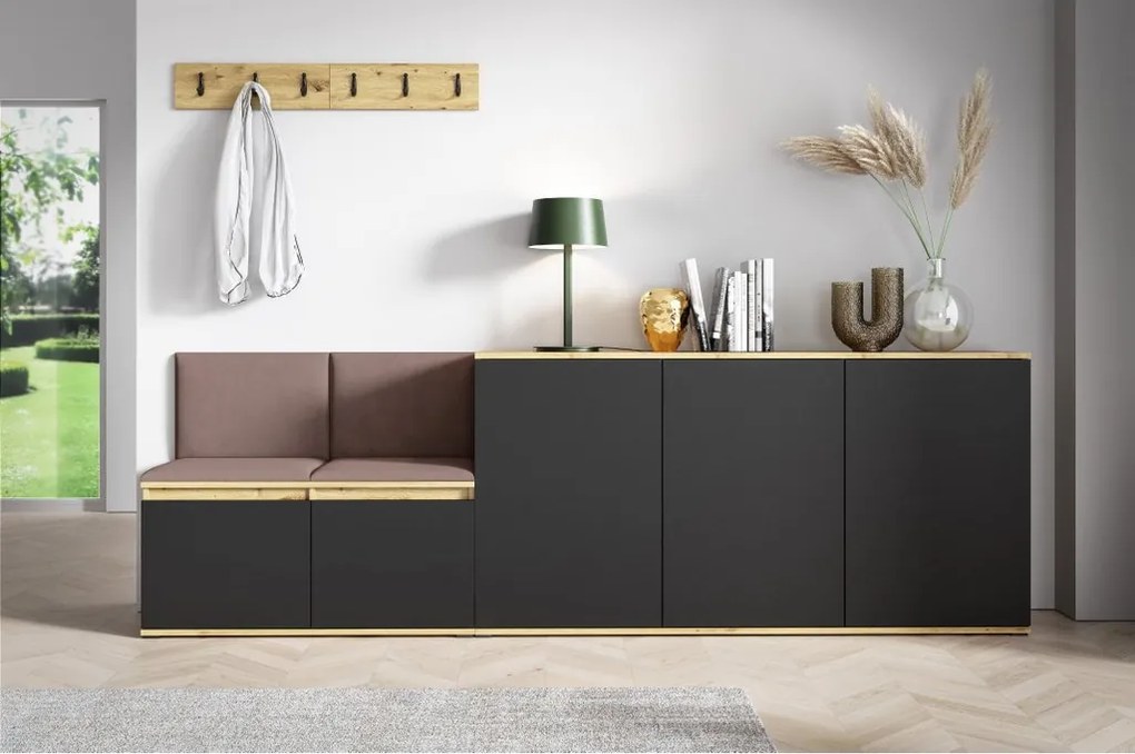 Eka Předsíňová stěna s čalouněnými panely Trinity 35 - Dub Artisan s černou / Světlá hnědá 2306