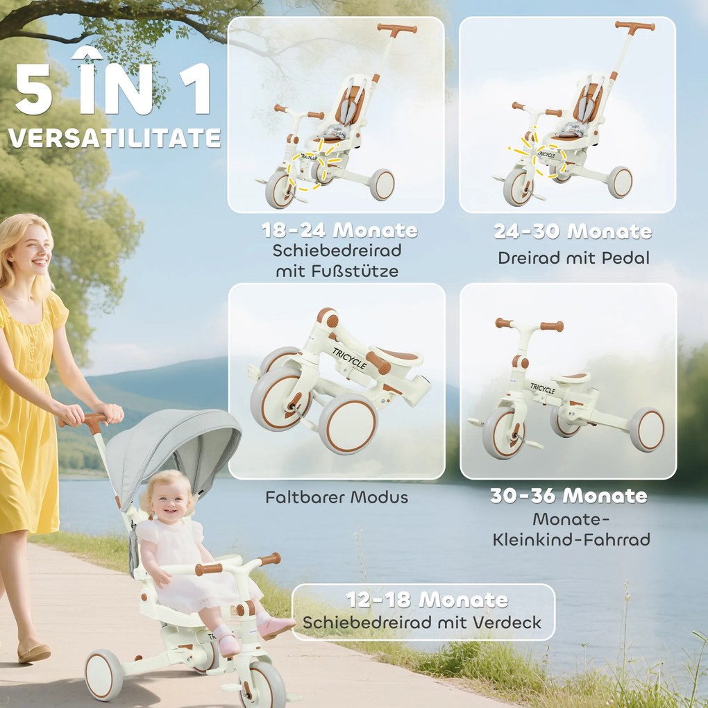 AIYAPLAY Dětská tříkolka, přeměnitelný dětský kočárek, design 5 v 1, odnímatelná rukojeť, nastavitelná, bezpečnostní pás, úložný vak, 1-3 roky, krémo…