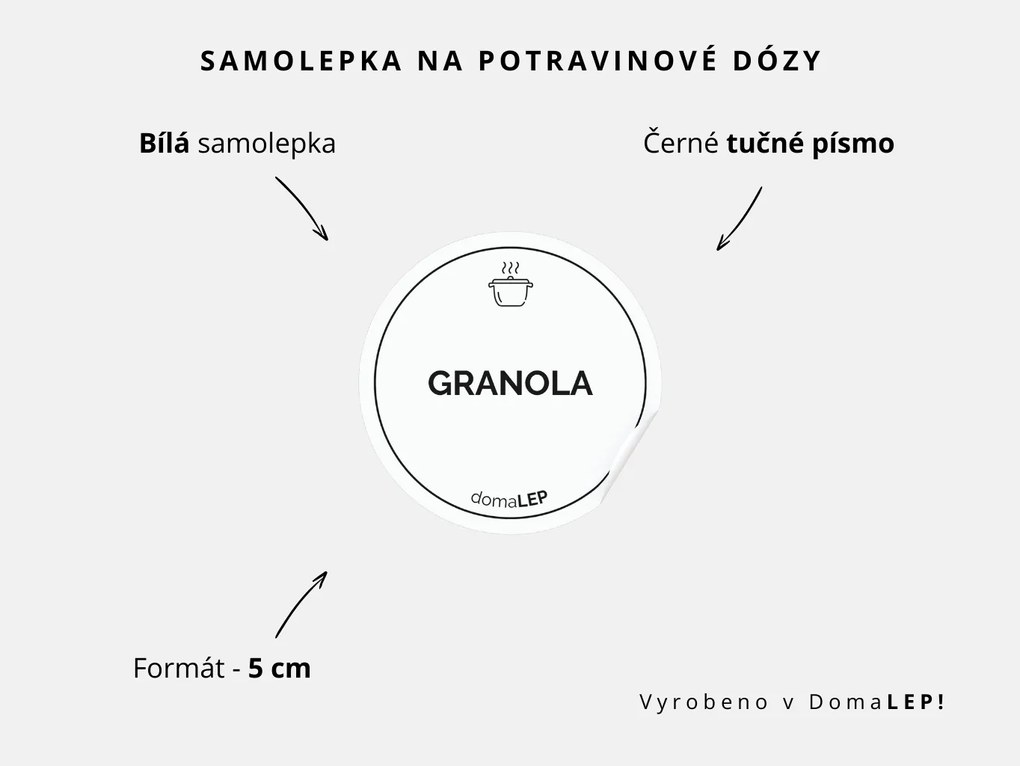 GRANOLA - omyvatelná samolepka na dózu, výběr rozměrů Ø 5 cm / 5 x 5 cm / 6 x 8 cm | DomaLEP tvar: KOLEČKO, barva: BÍLÁ - ČERNÉ písmo, velikost: Ø 5 cm - tučné písmo