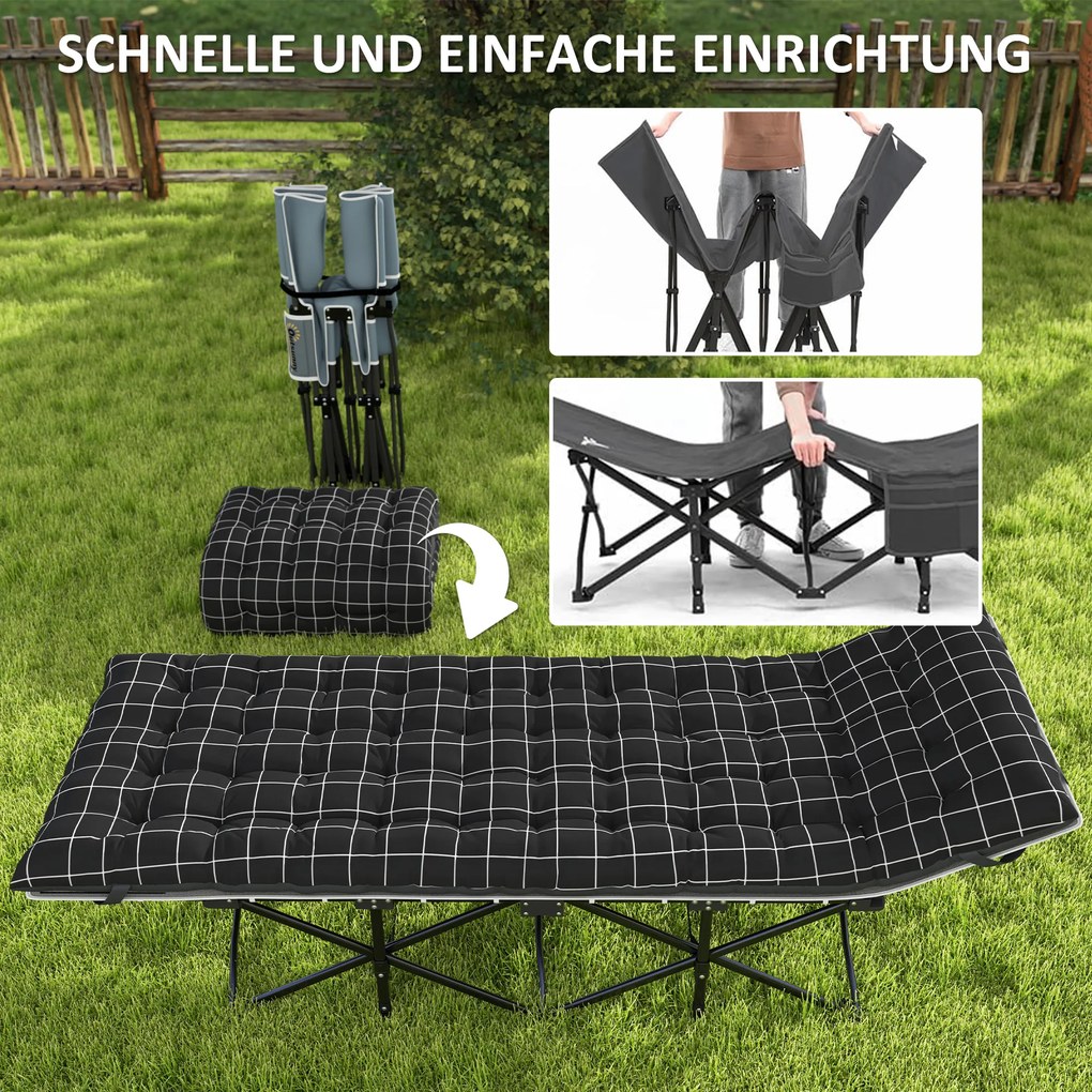 Outsunny Skládací kempinkové lůžko, kempinkové lůžko s matrací, ergonomické, kovový rám, černá barva