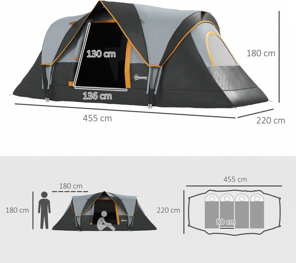 Kempinkový stan pro 5-6 osob, rodinný stan, přenosná taška, 4,55x2,2x1,8m, světle šedý/černý