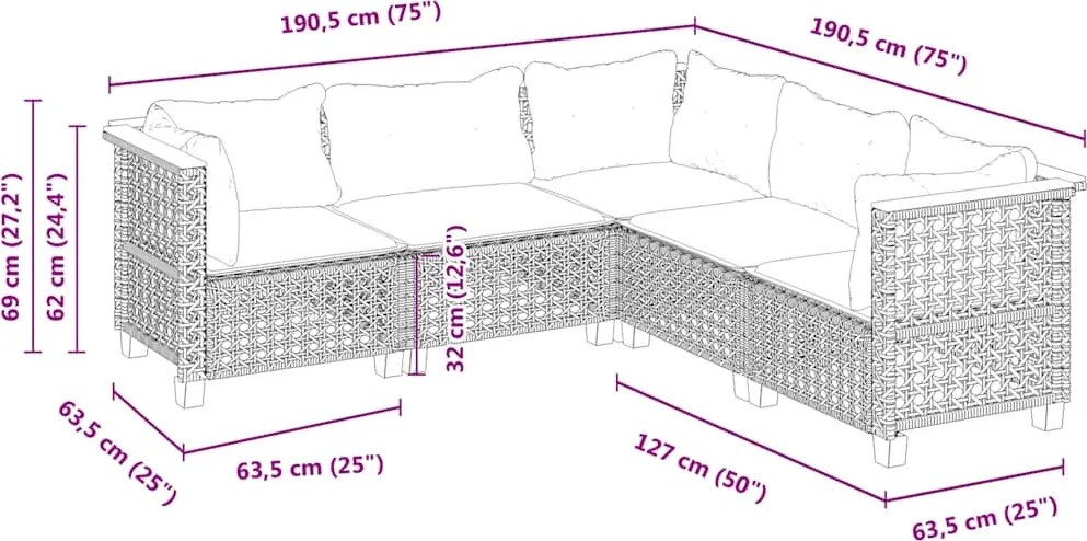 5dílná zahradní sedací souprava s poduškami béžová polyratan 3261826
