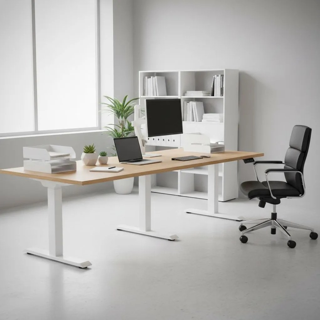 Výškově nastavitelný stůl OfficeTech Long, 240 x 80 cm, bílá podnož, dub kamenný