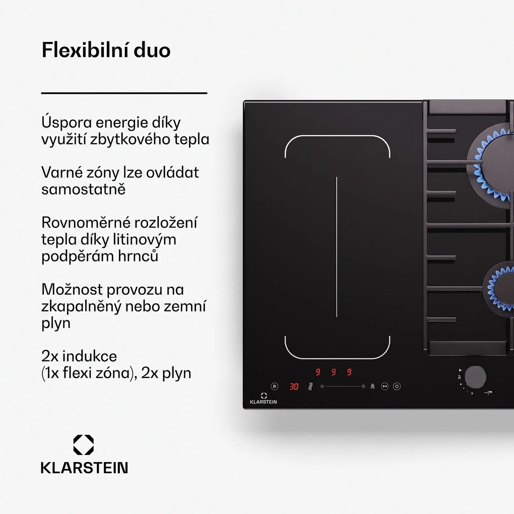 Klarstein MultiChef 4, indukční a plynová varná deska, 4 varné zóny, 2 plynové hořáky, 2 indukční varné desky, FlexZone