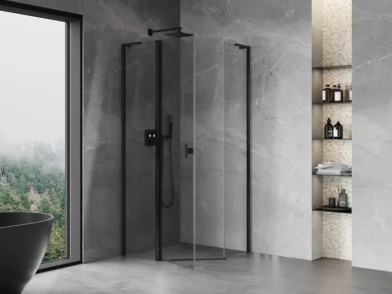Mexen Mist L, pětiúhelníkový sprchový kout s křídlovými dveřmi, 80 x 80 cm, 8mm čiré sklo, černý profil, 8A8L-080-080-70-00