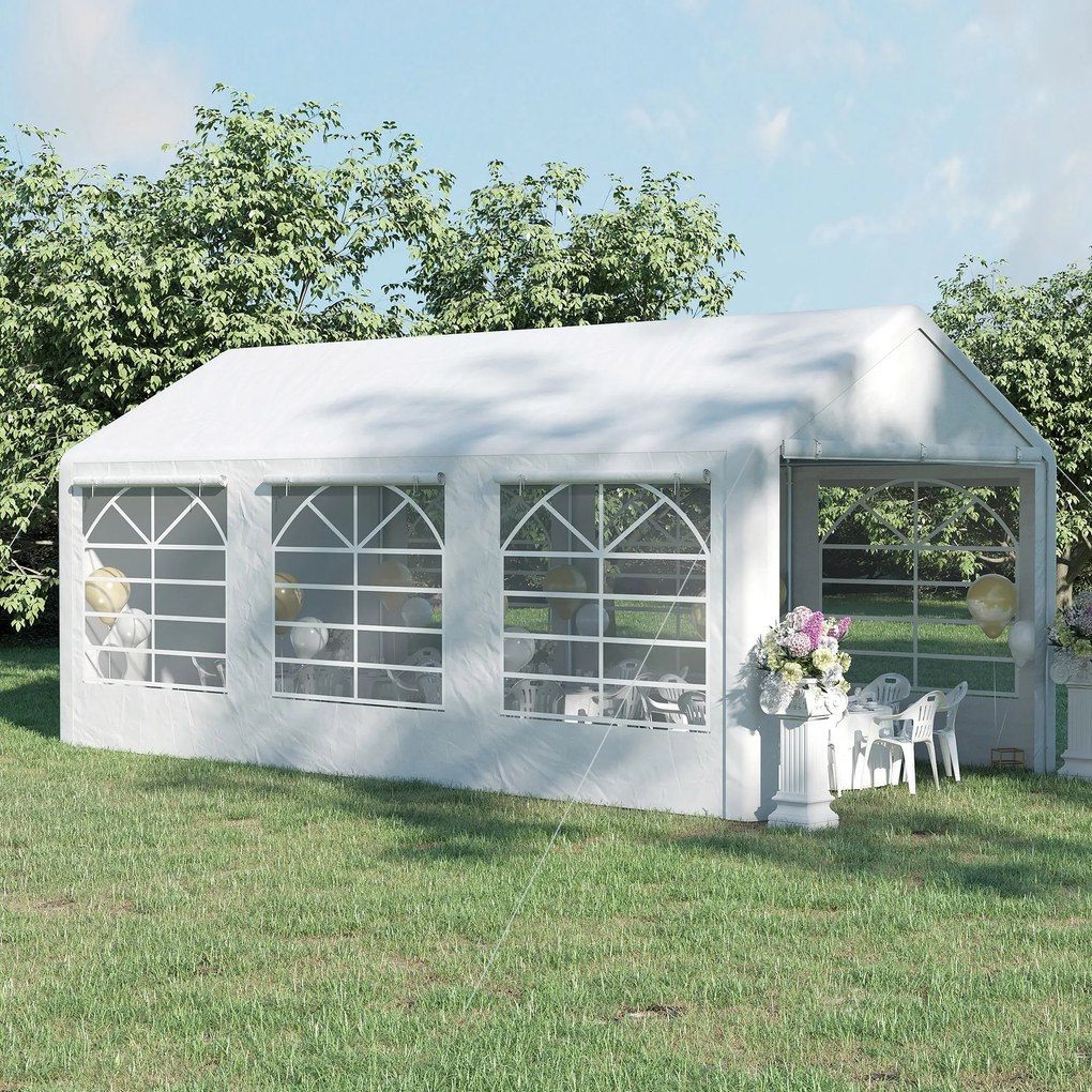Pavilonový párty stan Outsunny 3x6m se 4 bočními stěnami a okny z polyesteru a kovu – bílý