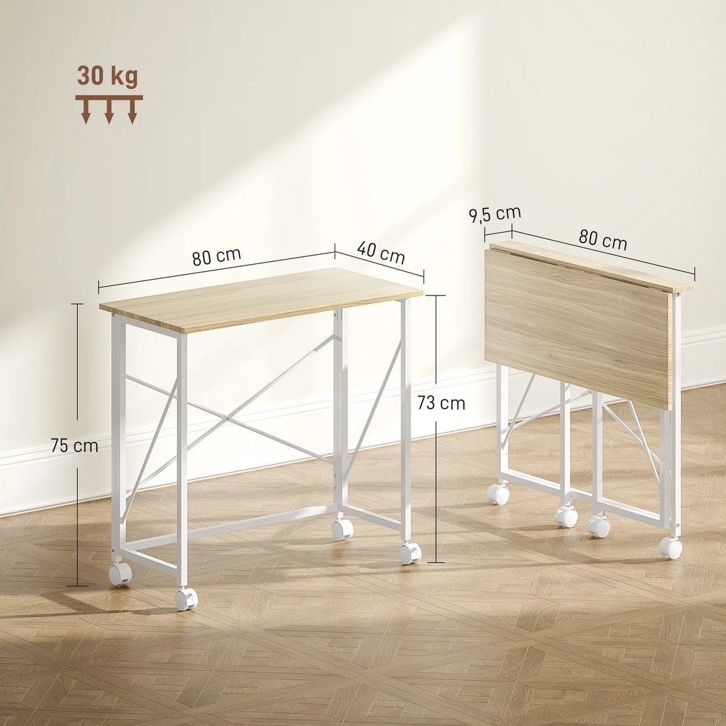 HOMCOM Skládací stůl na kolečkách Kompaktní počítačový stůl, Stolek na laptop pro domácí kancelář do malých prostor 80x40x75 cm Přirozený