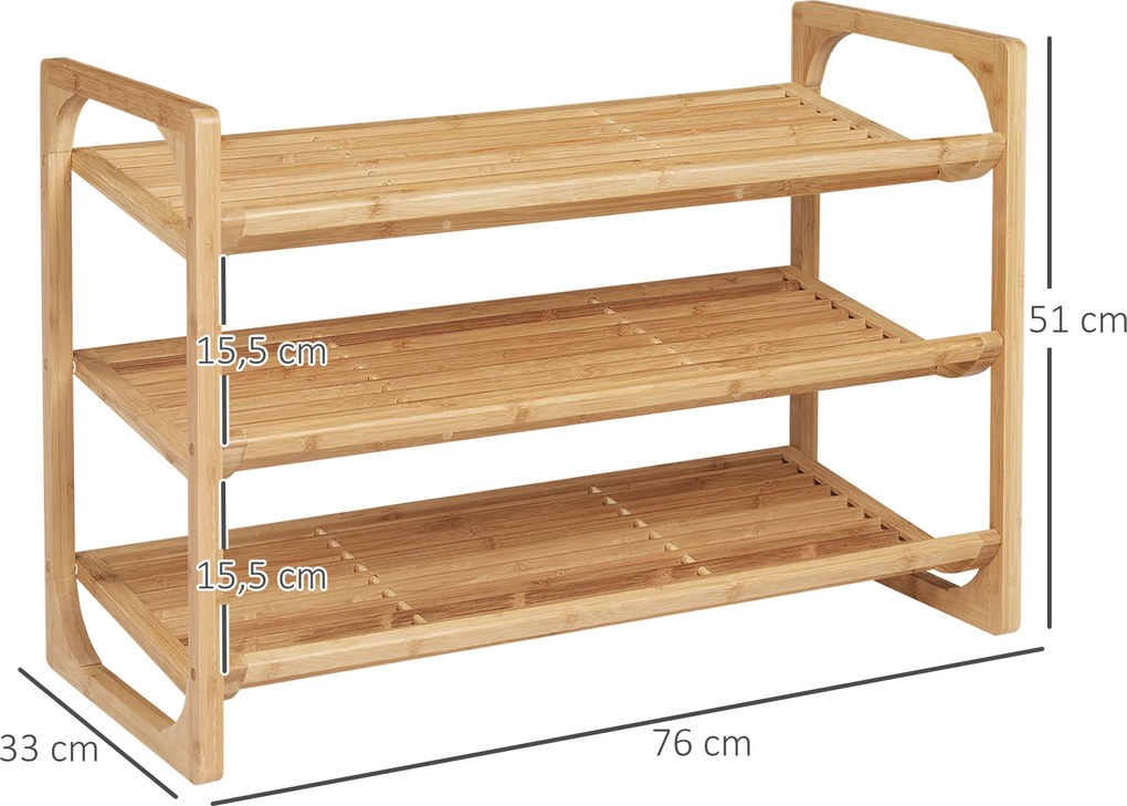 HOMCOM Botník, Stojan na boty se 3 policemi z bambusu, pro max. 9 párů bot, Botník s držadlem do předsíně a ložnice, 76 x 33 x 51 cm, Přirozený