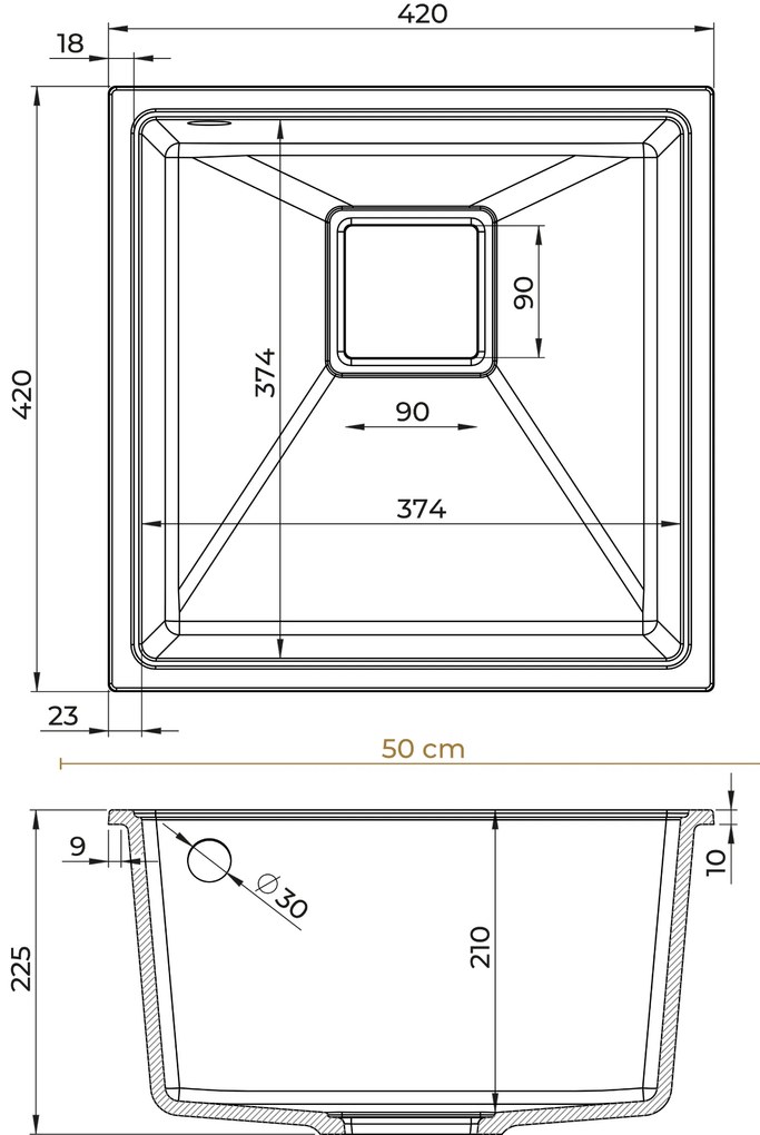 Sink Quality Argon 50, kuchyňský granitový dřez 420x420x225 mm + chromový sifon, bílá, SKQ-ARG.W.1KBO.50.X