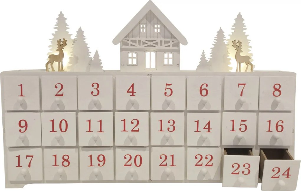 LED adventní kalendář, dřevěný domeček v lese, 43 × 29 × 8 cm, bílá, červená a hnědá, na 2× AA