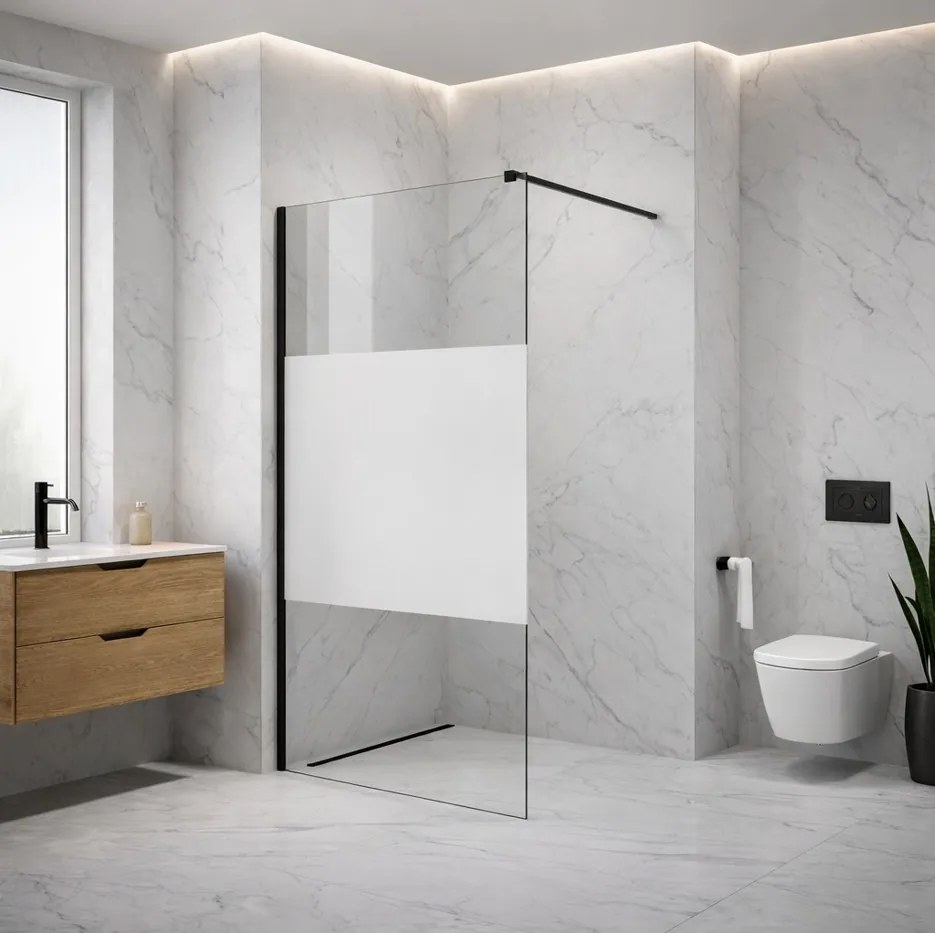 Erga Paris, sprchová zástěna Walk-In 140x200 cm, 8mm čiré/mléčné sklo, měděný matný profil, ERG-V02-PARIS-140x200-MF-CO
