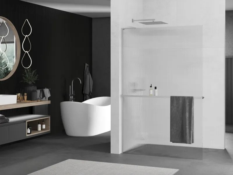 Mexen Kioto+ L, sprchová zástěna Walk-In s poličkou a věšákem 80 x 200 cm, 8mm sklo s žebrovým vzorem, chromový profil, 800-080-123-01-09